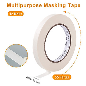 GUOKOFF Masking Tape 1/2 Inch x 55 Yards x12 Rolls, Beige White Masking Tape Painters Tape General Purpose Tape, Painting Adhesive Tape for Arts DIY Crafts Labeling
