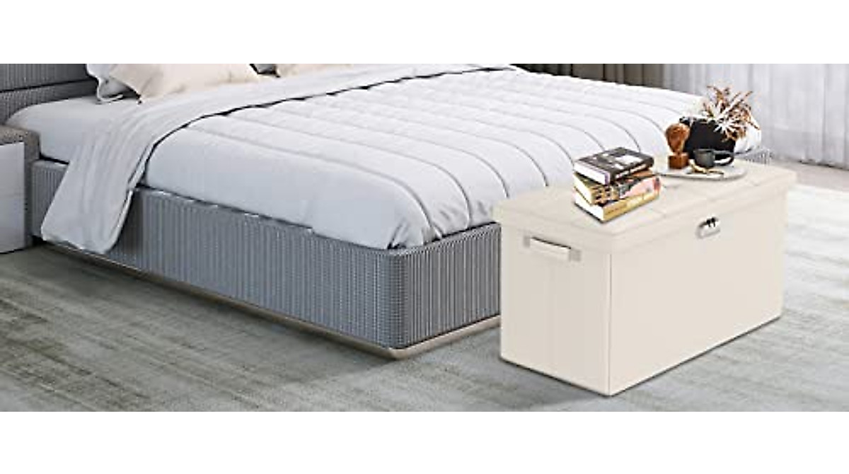 Tamfile 30-Inch Fireproof Storage Ottoman with Lock | Beige Foldable Bench