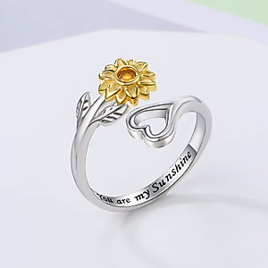 925-Sterling-Silver Honeycomb Bumble Bee Ring - I Love You Adjustable Gold Bee Rings with Enamel CZ Cute Animal Nature Beehive Queen Bee Jewelry Gifts for Women Girl (Sunflower Heart Ring)
