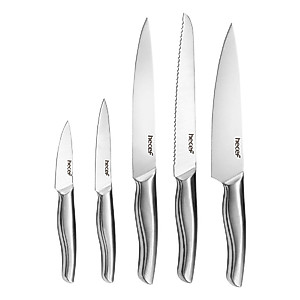 Hecef 6 Piece Kitchen Knife Block Set,All Metal Construction Hollow Handle Tapper Ground Knives & Double Sided Magnet Wood Knife Block