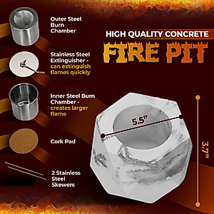 Hexagonal Concrete Tabletop Fire Pit - Indoor/Outdoor Smokeless Fire Pit with 2 Stainless Steel Chambers Burns Rubbing Alcohol, Bio Ethanol Fuels - Table Top Fire Pit Bowl/Mini Tabletop Fireplace