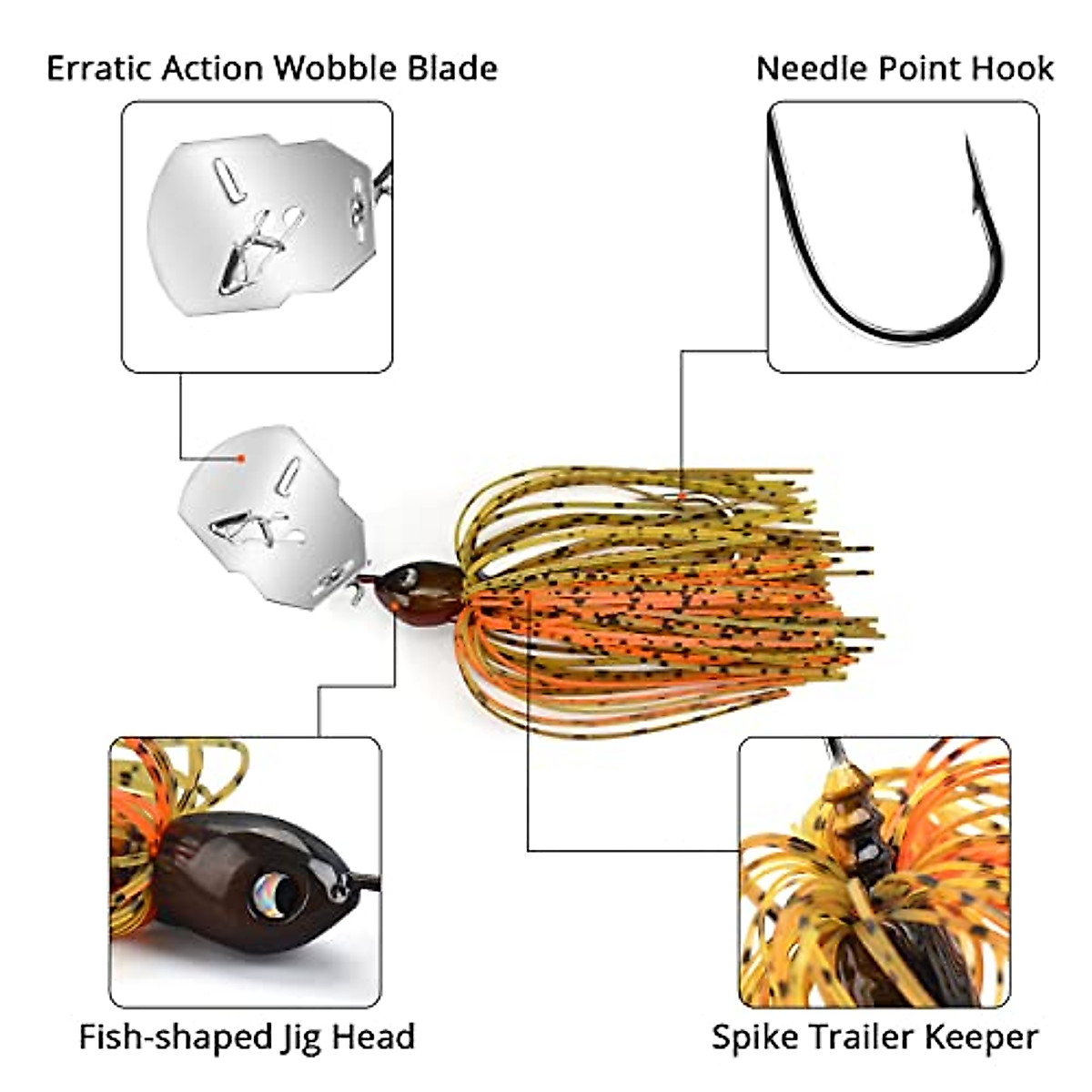 MadBite Bladed Jig Fishing Lures, 5 pc Multi-Color Kits, Irresistible Vibrating Action, Sticky-Sharp Heavy-Wire Needle Point Hooks, Popular 3/8 oz Sizes, includes Storage Box