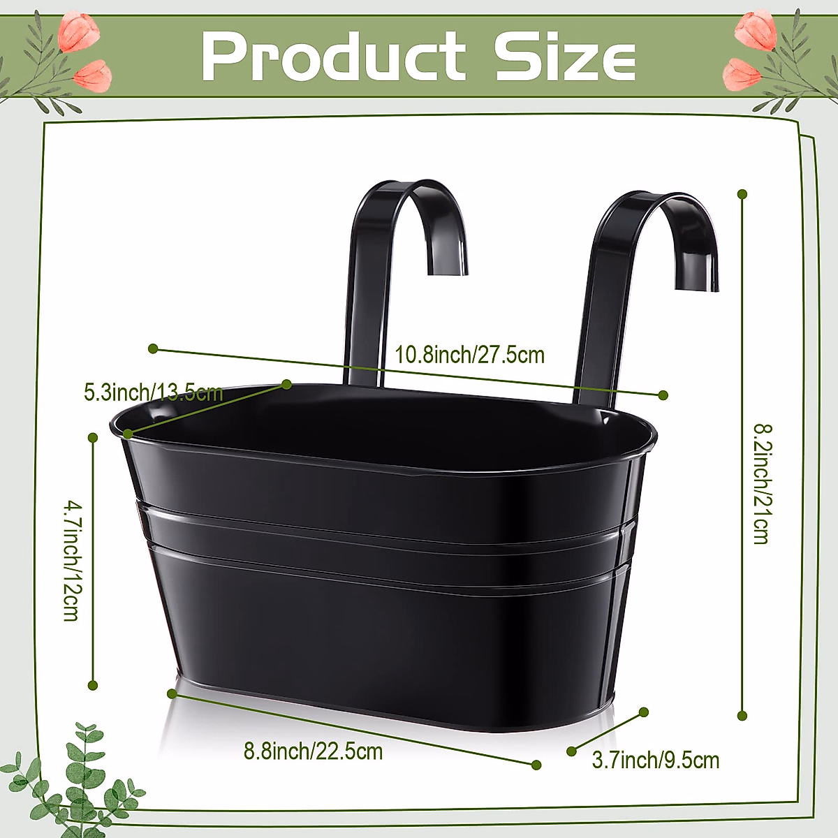 Zubebe 20 Pack Metal Iron Hanging Flower Holders Balcony Railing Planters Bucket Flower Pots with Detachable Hook Large Hanging Planters Rustic Herb Railing Planter for Indoor Outdoor Garden (Black)