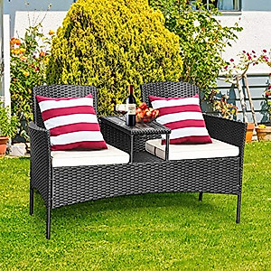 HAPPYGRILL Patio Rattan Loveseat Outdoor Porch Furniture PE Wicker Loveseat with Coffee Table Conversation Sofa with Cushions for Garden Lawn Backyard Poolside