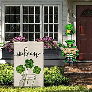 CROWNED BEAUTY St Patricks Day Garden Flag 12x18 Inch Double Sided for Outside Small Burlap Green Shamrocks Clovers Welcome Yard Holiday Flag