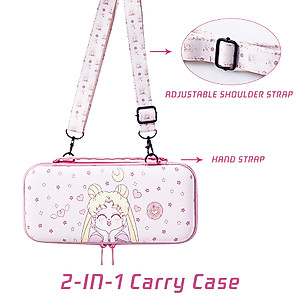 RHOTALL Case Compatible with Nintendo Switch & Switch OLED Carrying Case 2 in 1 Shoulder & Hand Strap, Protective Hard Portable Travel Carry Case Shell Pouch for Switch Accessories (Moon Pink)