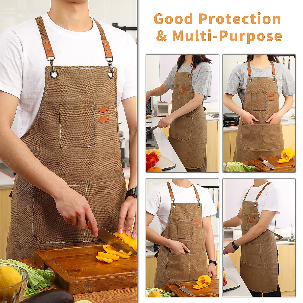 Tosewever Canvas Cross Back Chef Apron for Men Women with Adjustable Straps Large Pockets, Waterdrop Kitchen Heavy Duty Cotton Aprons for Tool Cooking BBQ Artist, M to XXL (Cappuccino Brown)