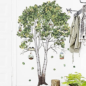 WAFT YEARN Vinyl Removable Birch Tree Bird Green Plants Leaves Leaf Wall Decal Wall Stickers for Nursery School Classroom Bedroom Bathroom Boys Girls Room Playroom Office 28.3 Inch by 40.1 Inch