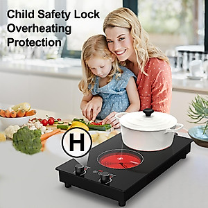 Electric Cooktop,110V 2400W Electric Stove Top with Knob Control, 11 Power Levels, Kids Lock & Timer, Hot Surface Indicator, Overheat Protection,Built-in and Countertop 2 Burner Electric Cooktop