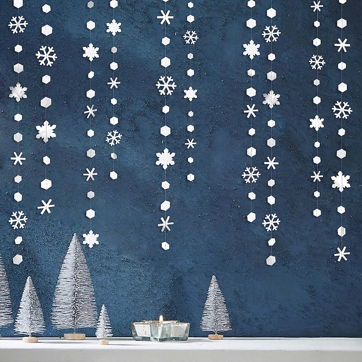 pinkblume 52Ft Winter Wonderland Party Decorations White Snowflake Garland Metallic Glitter Snowflakes Streamer for Winter Onderland Christmas Frozen Birthday Wedding Baby Bridal Shower Party Supplies