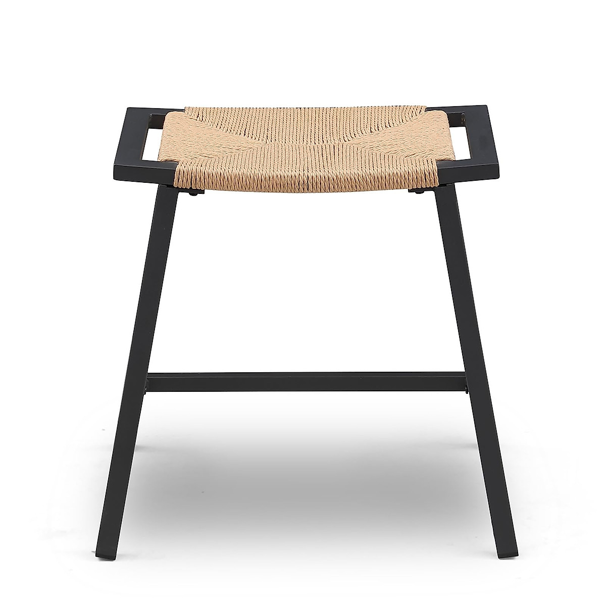 KAIRUITUCH 18 inch Stools, Dining Table Height Chairs Short Stools, Backless Kitchen Saddle Small Stool for Island, Outdoor Brown Rope Wicker Pattern Seat,Black Metal Waterproof Powder Coat, 818DLB1