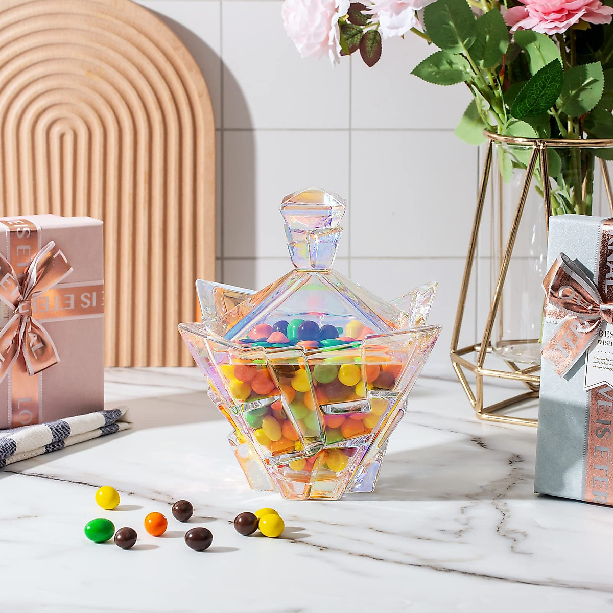 M&N HOME Glass Candy Dish with Lid, Christmas Gift, Pearl Colored Crystal Candy Dish, Decorative Candy Jar, 24 Oz. Extra Large Candy Bowl, Unique Gift, Christmas Candy