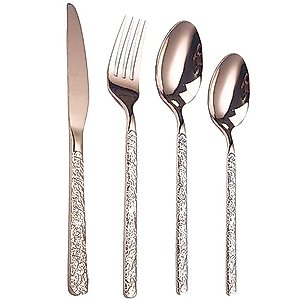 Silverware Set Flatware Rose Gold Hammered Cutlery Utensil Food-Grade Stainless Steel，Home Restaurant Small Business,Mirror Finish Tableware 24 Piece Service for 6