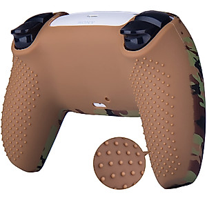 9CDeer 1 Piece of Silicone Transfer Print Protective Cover Skin + 10 Thumb Grips for PlayStation 5 / PS5 Controller Brown Camouflage