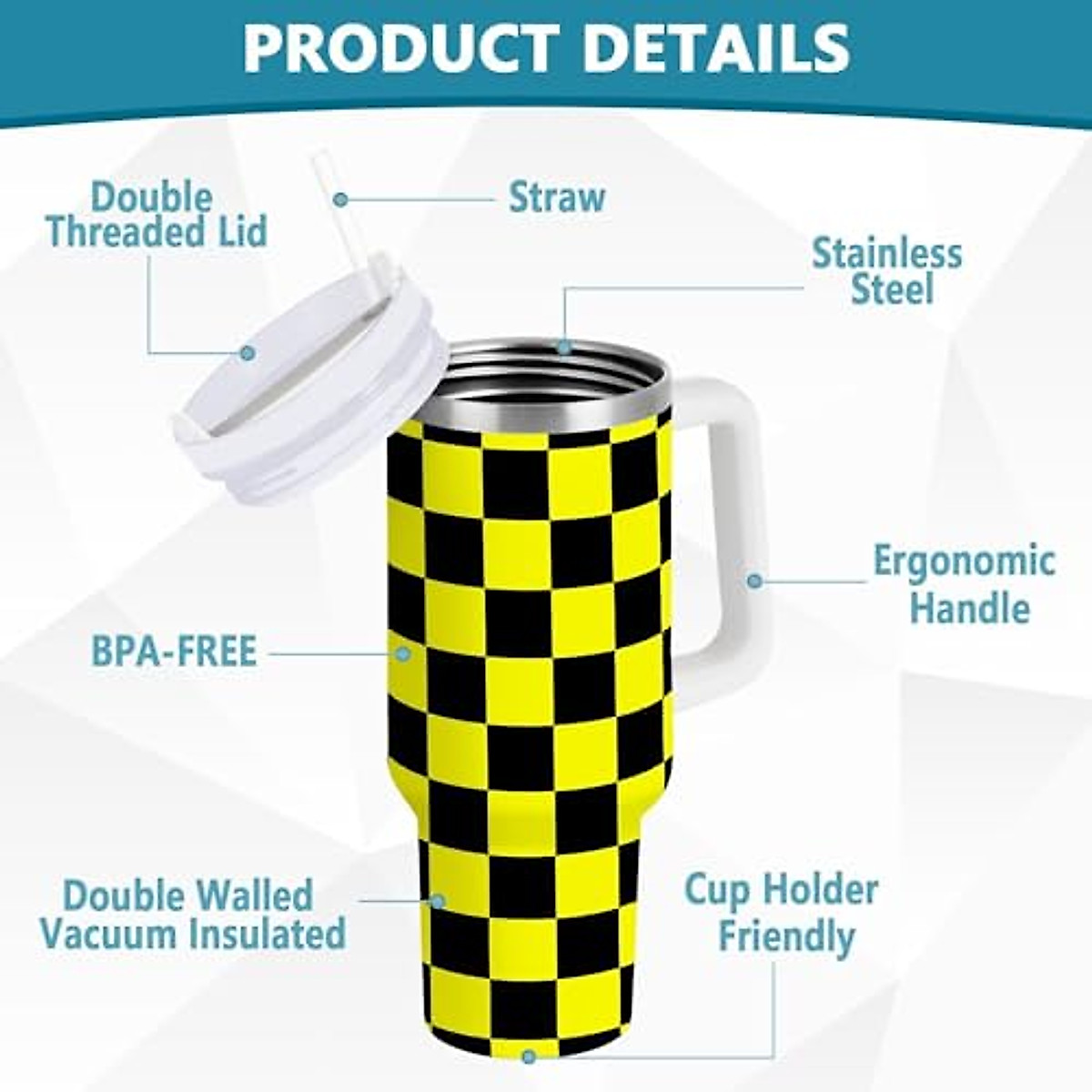 Caikeny Insulated Tumblers with Lid and Straw Checkerboard Yellow 40 oz Reusable Stainless Steel Cup Black Water Bottle Coffee Travel Tumbler Mug for Women Men
