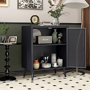 JZXSHD Metal Rattan Accent Cabinet - 2 Door Buffet Storage for Kitchen, Living Room and Hallway, Black