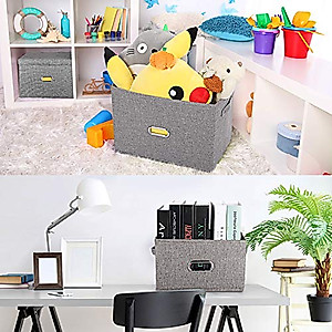 Valease Large Linen Collapsible Storage Bins with Removable Lids and Handles, Washable Storage Box Containers Baskets Cube with Cover for Bedroom,Closet,Office,Living Room,Nursery (Grey, Large)