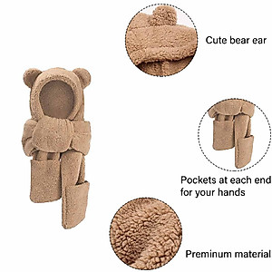 AIYUENCICI Winter Hoodie Hat Scarf Gloves Set, 3 in 1 Warm Plush Coral Fleece Animal Hats, Cute Ear Beanie Caps Stylish Thick Slouchy Soft Snow Hat for Women Girl Skiing Christmas Gift(Coffee)