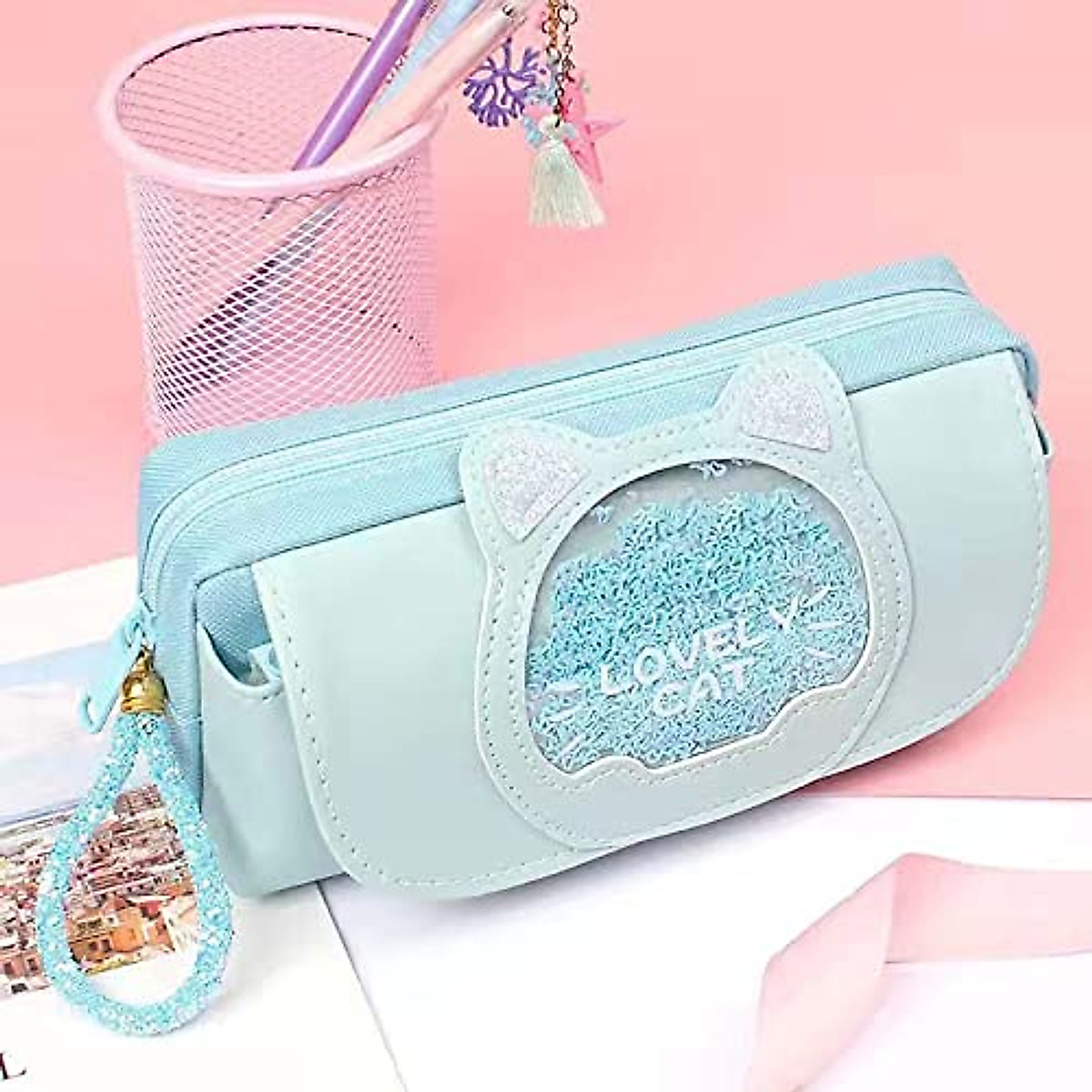 Kawaii Cute cat Pencil case Three-Layer Pencil case Large Capacity Pencil case Cute School Supplies (Blue)