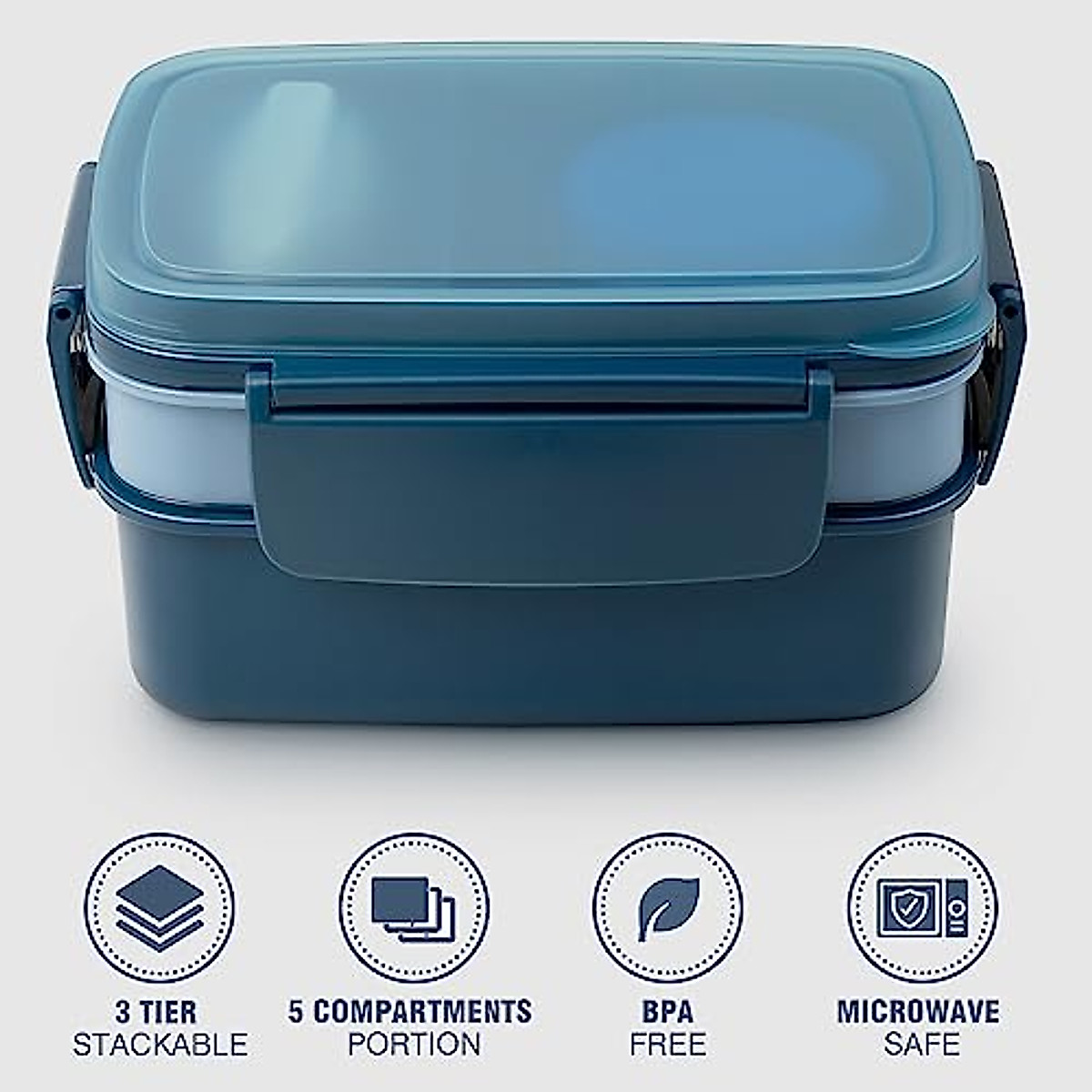 Freshmage Stackable Bento Box Adult Lunch Box with 5 Compartments, Premium All-in-One Leak-Proof Bento Lunch Box With Spoon, 1 oz Dressing Container for Work, Camping, Picnic (Blue)