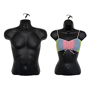 DisplayTown Black Male and Female Mannequin Torso with Metal Stand Hollow Back Body Stackable Dress Form for Tshirt Display, Countertop, Craft Shows, Photos and Design, S-M Clothing Size