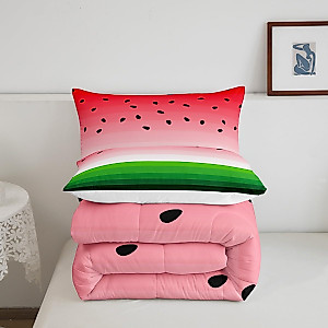 Feelyou Watermelon Comforter Set with Pillow Case Tropical Fruit Print Bedding Set Girls Women Twin Size Comforter Red Watermelon Soft Comforter Set Machine Washable Boys