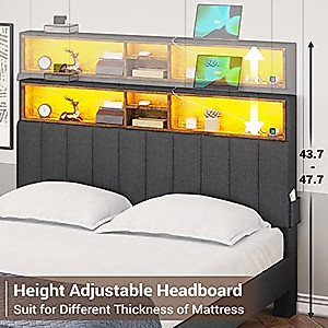 Tiptiper LED Lights Headboard, Platform Bed Frame Queen Size with Outlets and USB Ports, Upholstered Bed with Storage, No Box Spring Needed, Dark Grey