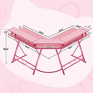SEVEN WARRIOR Gaming Desk 50.4” with LED Lights& Power Outlets, L-Shaped Gaming Desk Carbon Fiber Surface with Monitor Stand, Ergonomic Pink Gaming Desk with Cup Holder, Headphone Hook