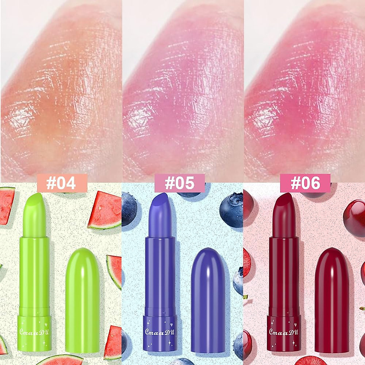 evpct 6Pcs Peach Strawberry Black Red Cherry Watermelon Blueberry Pineapple Tinted Lip Balms PH Lip Color Changing Lipstick Stain Set Queen for Women Girls Korean Mood Pink Lipstick Lip Tint Gloss