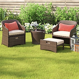 Barton 5 Piece Bistro Sofa Set w/Cushions 2 Chairs 2 Ottomans Multipurpose Outdoor Patio Wicker Rattan Furniture Space Saving