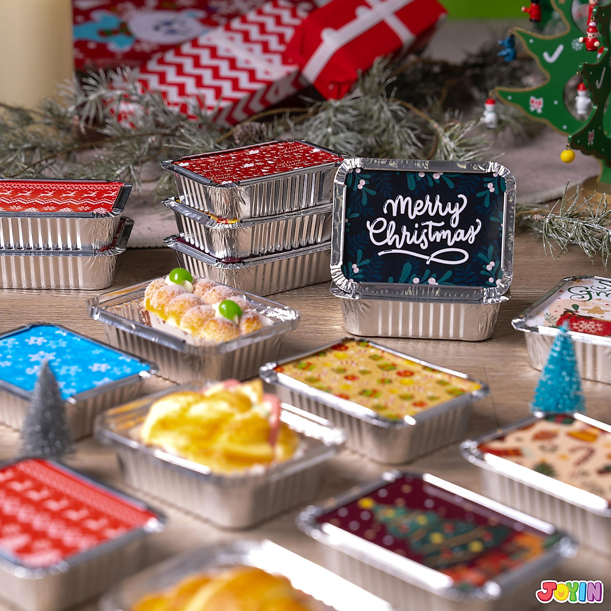 JOYIN 36 Pieces Christmas Foil Containers with Lids, 9 Holiday Designs, 5"x4"x1.5" Rectangular Treat Foil Containers, Disposable Food Storage Pan for Holiday Leftovers Goodie Container