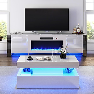 VanAcc 3-Piece Modern Living Room Table Sets, 70" Modern LED TV Stand with 36" Electric Fireplace, High Gloss Coffee Tables for Living Room, White