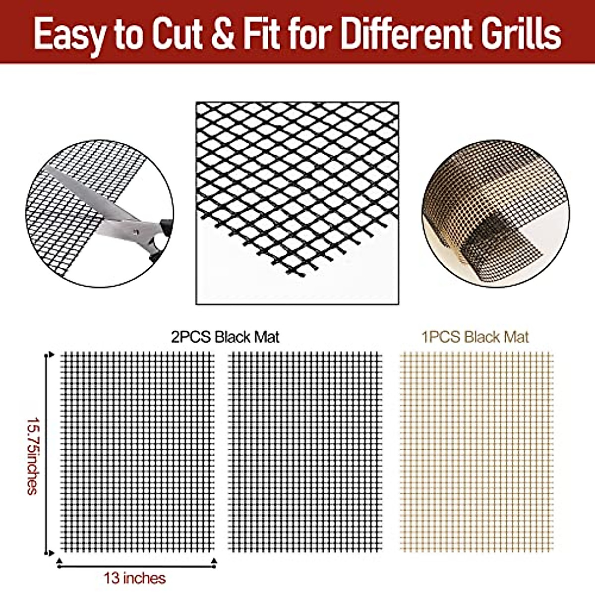 PatioGem Reusable Grill Mesh Mat, Grill Mats for Outdoor Grill Nonstick BBQ Mats for Grilling, Grill Set of 3, Nonstick Grill Mesh Mat, Mats for Grilling, BBQ Accessories Mesh Grill Mat -15.75” x 13”
