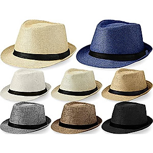8 Pack Panama Trilby Straw Sun Hat with Leather Belt Straw Hats Short Brim Summer Beach Hat for Men Women (Elegant Color)