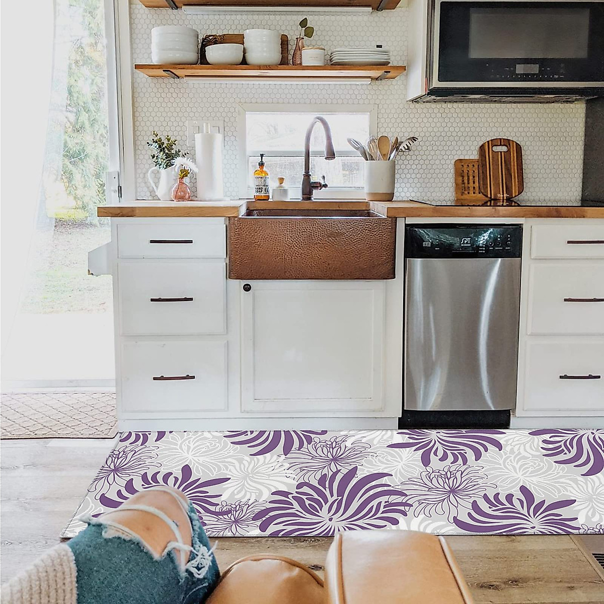 Flower Chrysanthemum Purple Laundry Room Decor Rug Runner, Anti-Fatigue Kitchen Rugs, Waterproof & Non Slip Room Accessories for Floor, Under The Washer & Dryer Durable Mat 18x47.2in