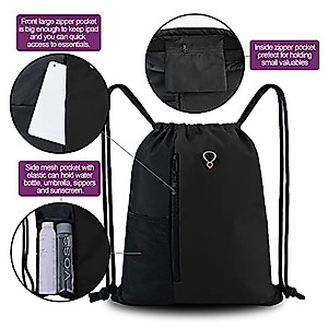 BeeGreen Black Drawstring Backpack Gym Bag For Men Women String Sports Backpack With Water Bottle Mesh Pockets And 2 Zippered Pocket Large Cinch Sackpack Workout Bag 16" x 20"