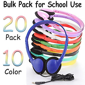 Ladont 20 Pack Bulk Classroom Headphones for Students Kids School, Wholesale Headphones Class Set with 3.5mm Jack for Chromebook Laptop PC Computer(10 Mixed Colors)