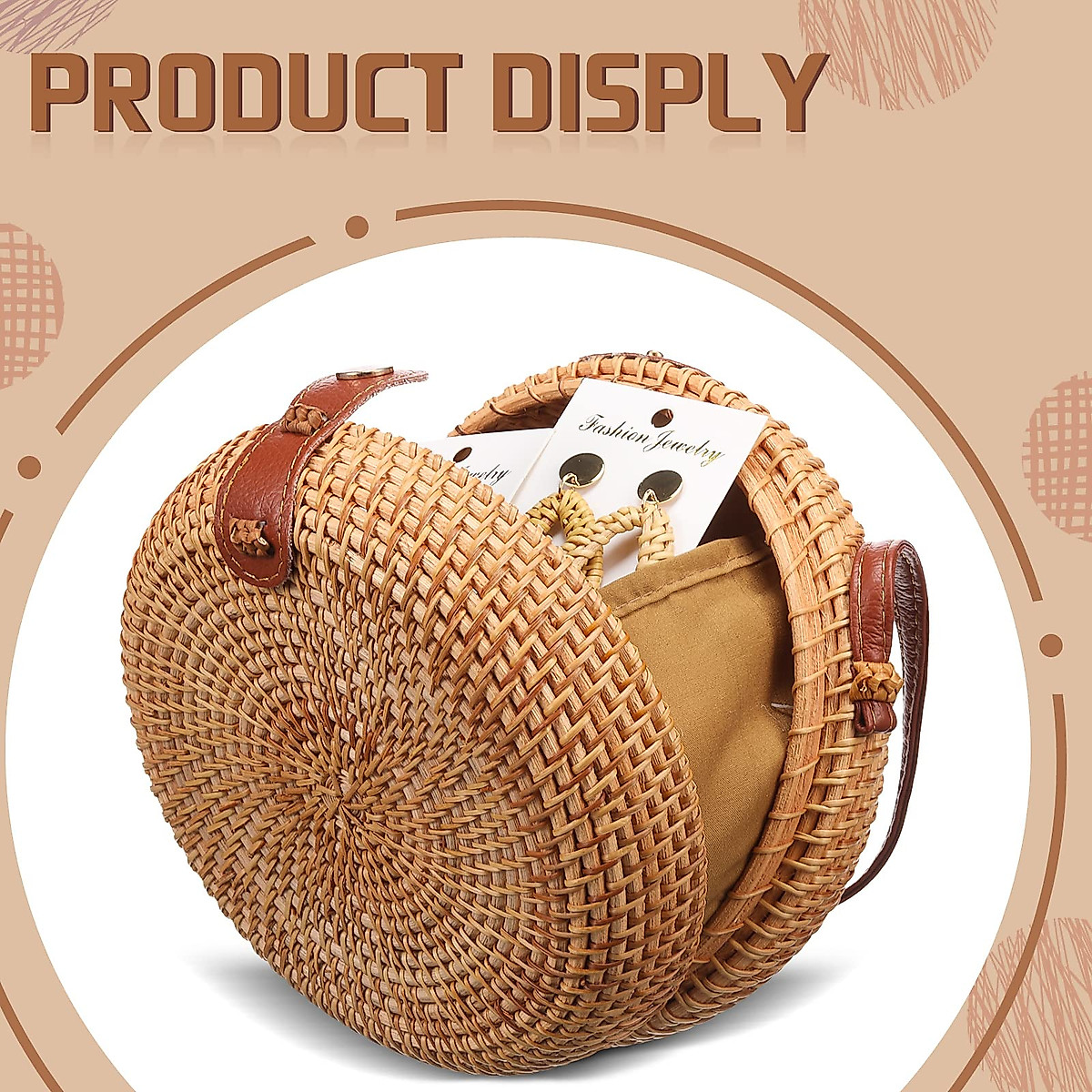 Kajaia Round Rattan Bag for Women Straw Crossbody Bag with 2 Pairs Rattan Earrings Beach Lightweight Geometric Boho Earrings Summer Jewelry Shoulder Leather Strap Natural Wicker Woven Bag