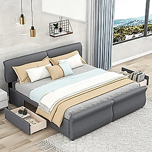 GLORHOME King Size Upholstered Platform Bed Frame with Underneath 2 Storage Drawers and Comfortable Headboard