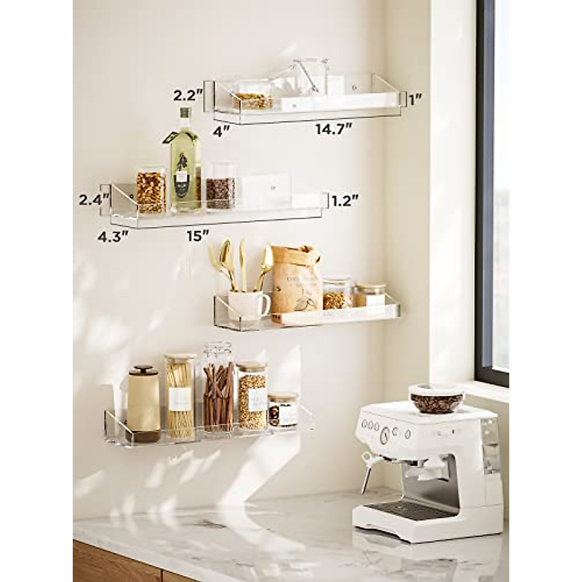 AMADA HOMEFURNISHING Acrylic Shelves, Floating Shelves with Mounting Hardware & Raised Edges, Clear Shelves for Pops, Kids' Books, Makeup, Collection Display & Organization, Set of 4, AMFS28