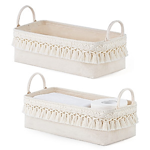 Mkono 2 Pack Storage Baskets for Bathroom Closet Shelf Boho Decor Small Storage Bins with Tassels Cute Rectangular Organizers with Handles for Bedroom Nursery Dorm, Ivory, 13.38"L x 6.3"W x 3.9"H