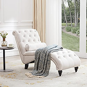 Iroomy Button-Tufted Chaise Lounge Indoor with Solid Wood Legs & Support Pillow, Upholstered Chaise Lounge Chair for Bedroom Living Room Office, Armless Rolled Backrest Leisure Sofa Recliner(Beige)