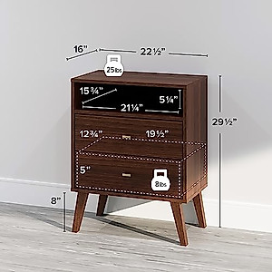 Prepac Milo Mid-Century Modern 2 Drawer Nightstand with Open Shelf, Bedside Table, Contemporary Bedroom Furniture, 16"D x 22.5"W x 29.5"H, Cherry