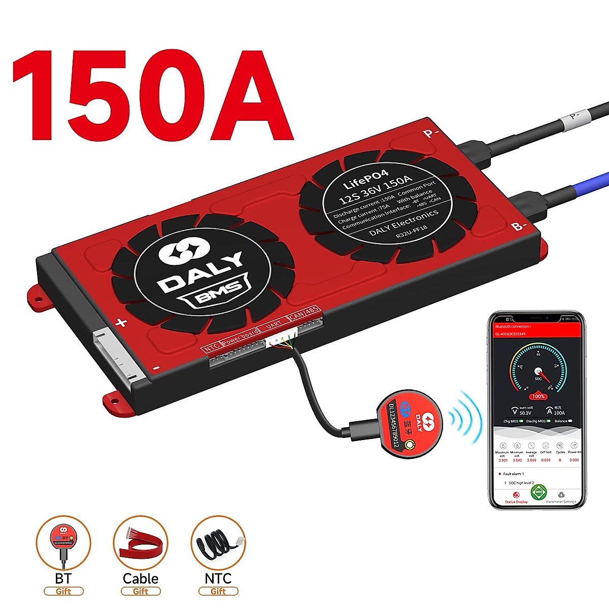 DALY Smart BMS LiFePo4 12S 36V 150A PCB Battery Protection Board with UART Communication and CAN 485 Bluetooth Battery Monitoring Module for Household Energy Storage