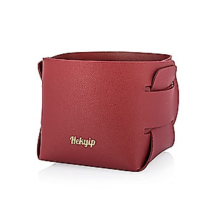 Hekyip Small Pu Leather Multifuctional Organizer, Desktop Organzing Makeup Brush Holder for Living Room, Dressing Table, Office Room (Black+Small Red)