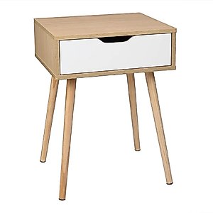 Bonnlo White & Nature Wood Nightstand End Side Table with Drawer & Solid Wood Legs for Living Room, Bedroom, Small End Side Table Bed Side Tables/Night Stands for Small Spaces, 18.2x15.7x24.4in