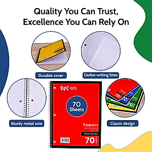 EPI Spiral Notebook | Wide - 70 Sheets, Durable Spiral Binding | 10.5 x 8 in | Classroom Supplies | School, Office, Note Taking, Journaling - 48 Pack