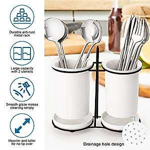 Kitchen Utensil Holder, Ceramic Utensils Crock for Countertop, Cooking Utensil Crock with Drain Holes and Metal Rack , Utensil Organizer for Countertop, Easy to Clean for Party, Home, Counter-White
