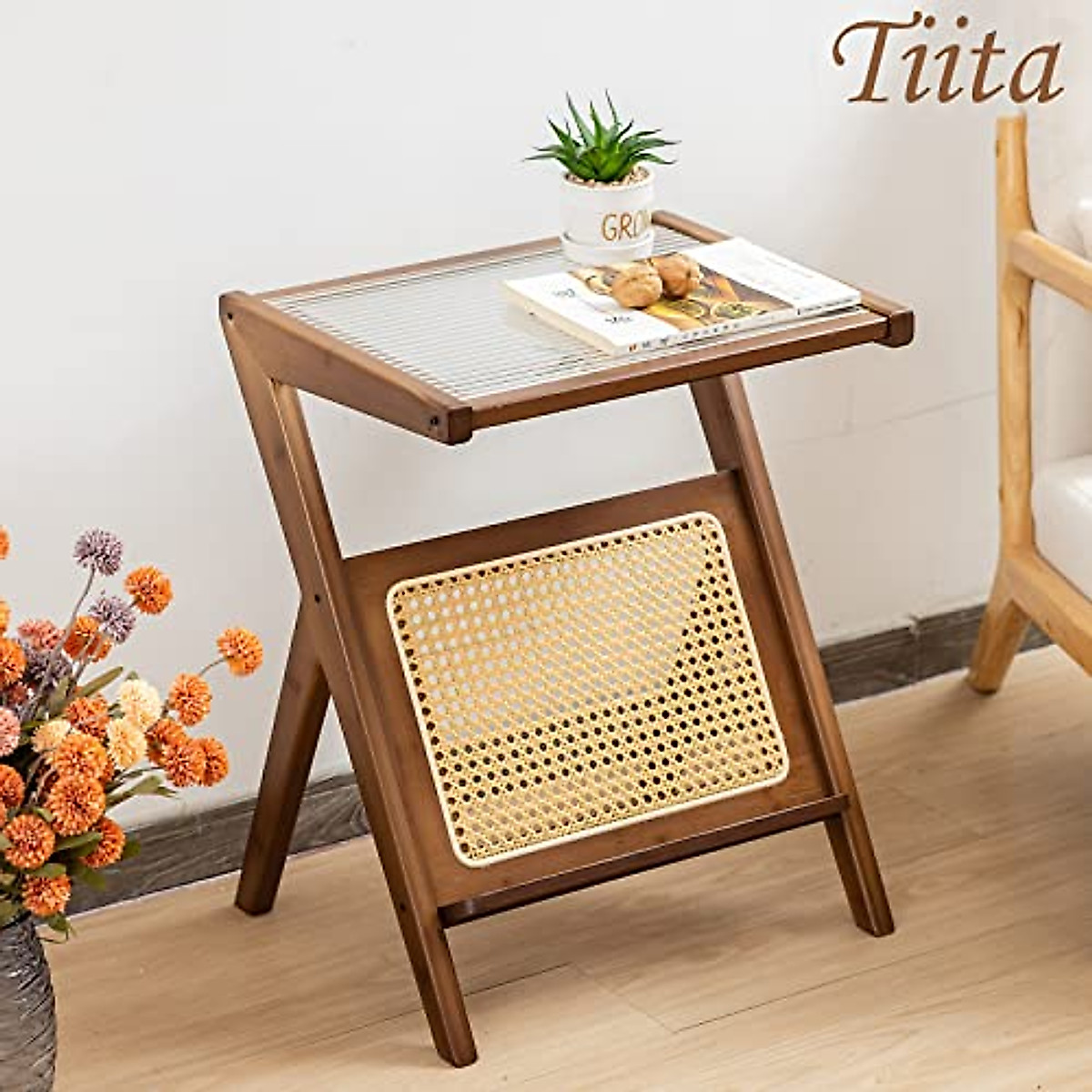Tiita Rattan Nightstand Side Table, Bamboo Accent Bedside Tables, Glass Coffee Tables, Boho Wooden End Table with Storage for Small Space, Living Room and Bedroom