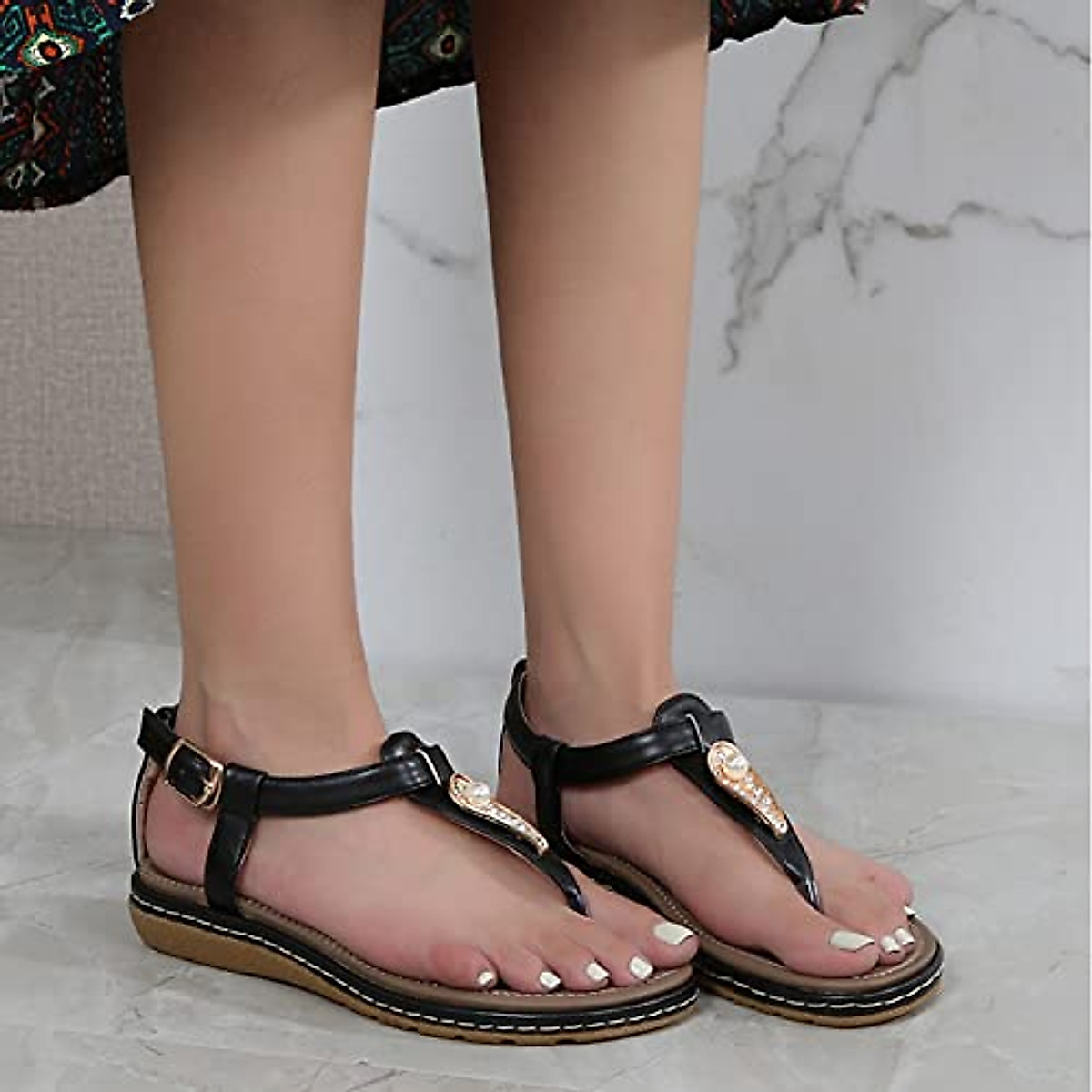 peqiut Sandals for Women Casual Summer Womens Peal Buckle Ankle Strap Sandals Boho Beach Flat Comfort T-Strap Thong FlipFlops